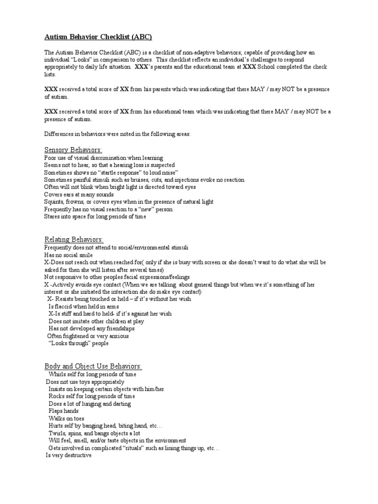 ABC Autism Behavior Checklist | PDF | Autism | Behavior