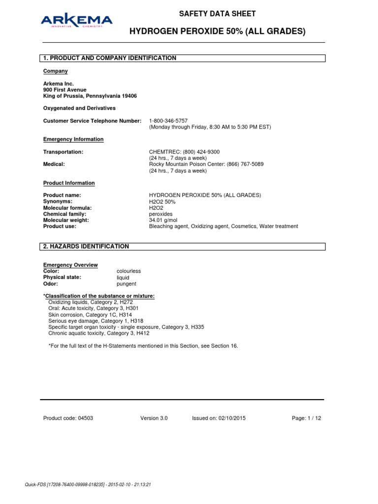 Hydrogen Peroxide 50% - Msds | PDF | Firefighting | Toxicity