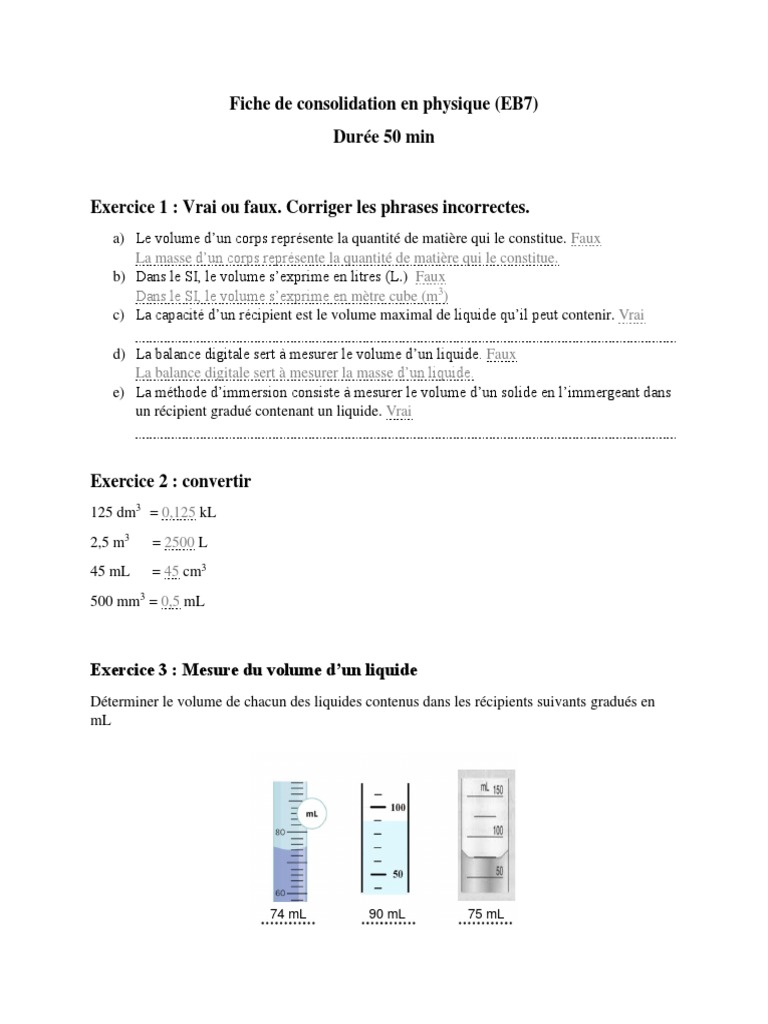 Fiche de Consolidation en Physique Eb7 - Correction | PDF