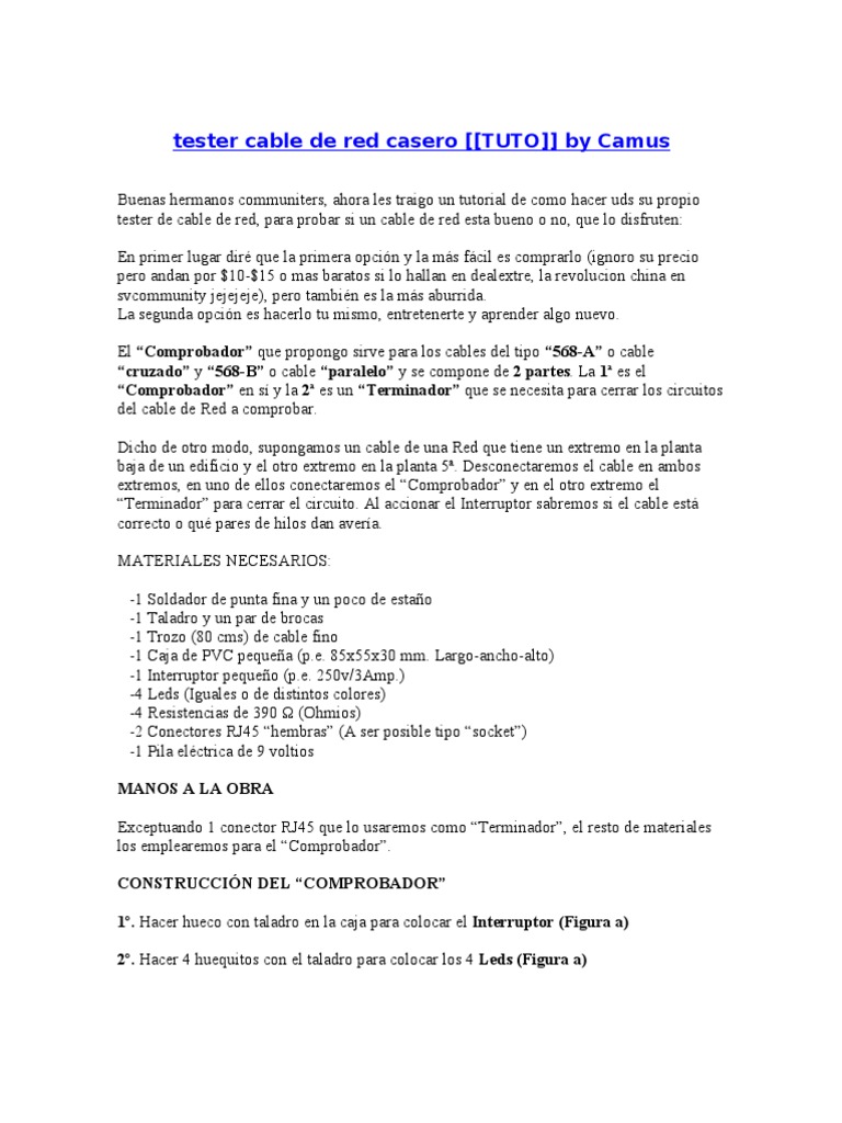 Tester Cable de Red Casero | PDF | Diodo emisor de luz | Soldadura Tester Cable de Red Casero | PDF | Diodo emisor de luz | Soldadura