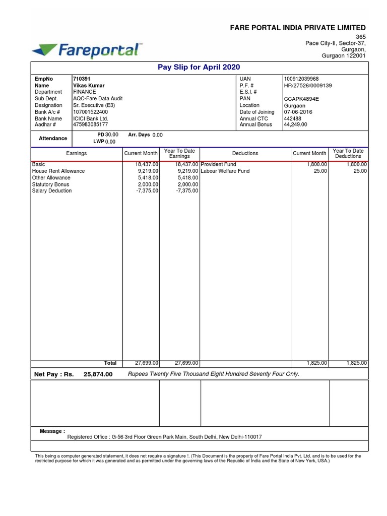 Pay Slip For April 2020: Fare Portal India Private Limited | PDF ...