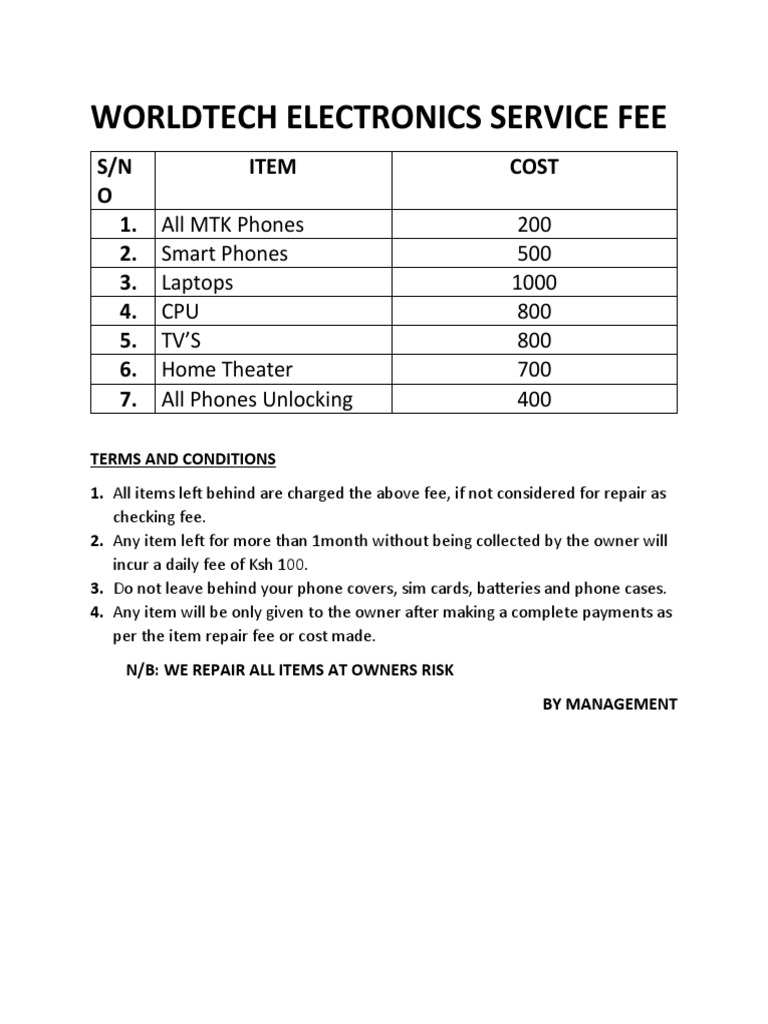 Worldtech Electronics Service Fee | PDF | Computers | Technology ...