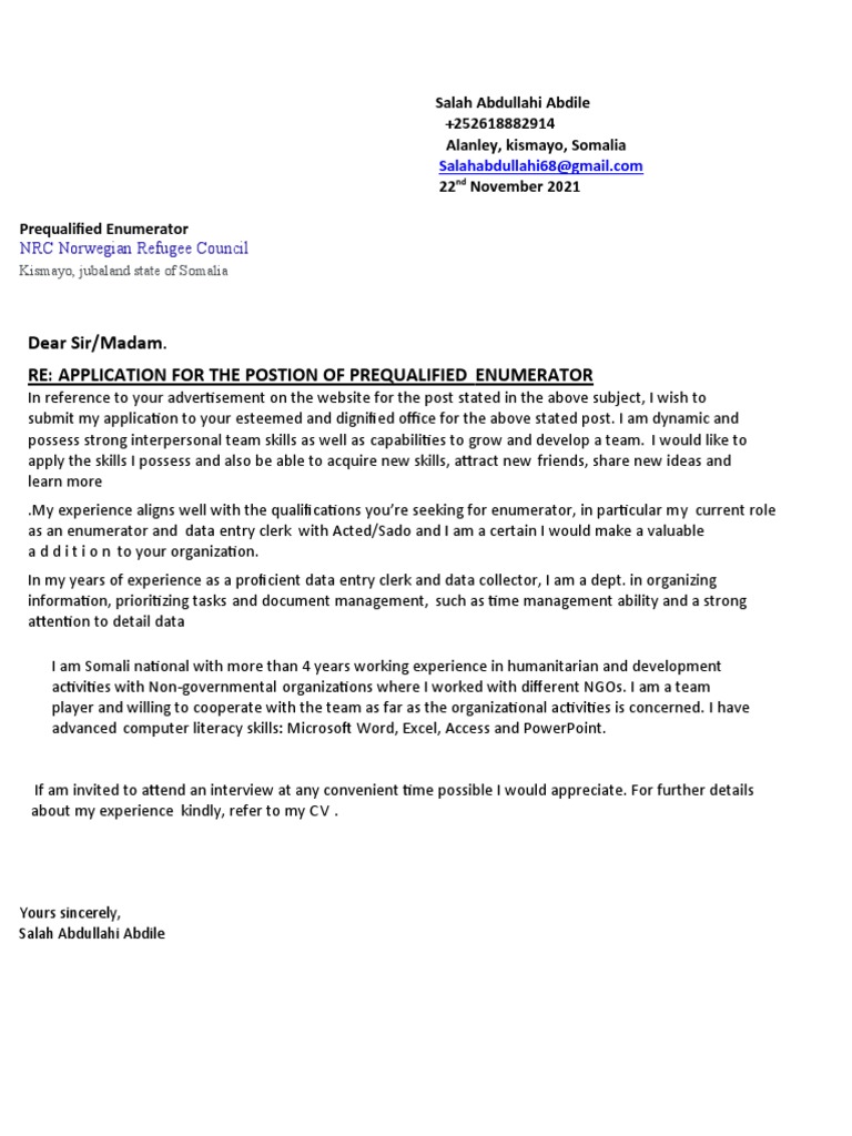 Dear Sir/Madam RE: Application FOR THE Postion OF Prequalified Enumerator | PDF