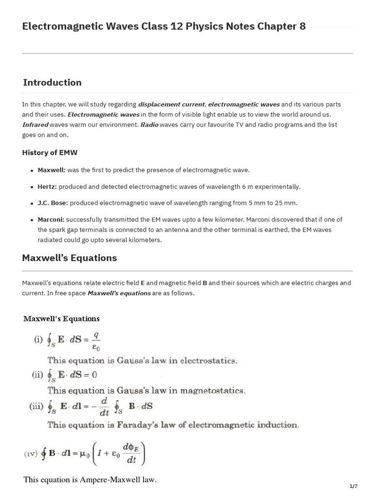 Electromagnetic Waves Class 12 Physics Notes Chapter 8: History of EMW ...