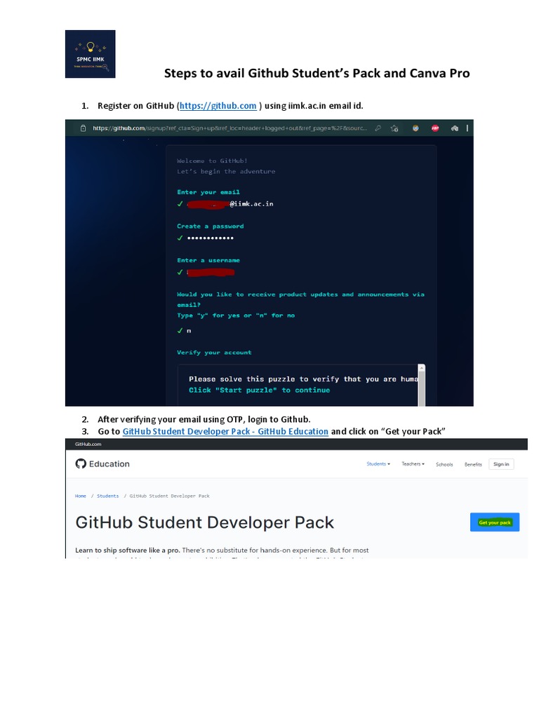 Steps To Avail Github Student's Pack and Canva Pro | PDF