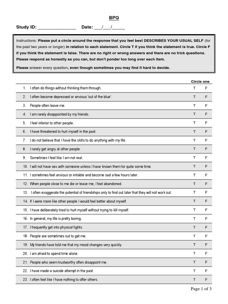 BPQ Borderline Personality Questionnaire | PDF | Mental Health | Mood ...