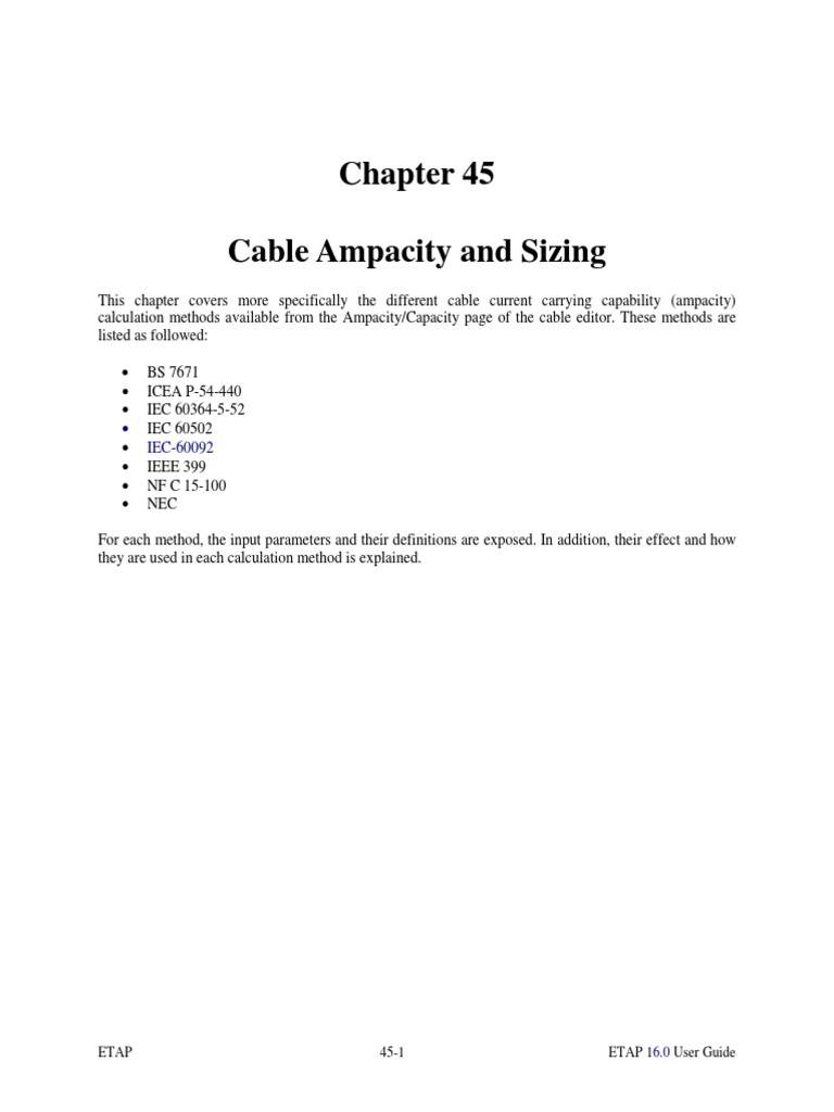 Cable Ampacity And Sizing Chapter 45 Etap User Guide Pdf