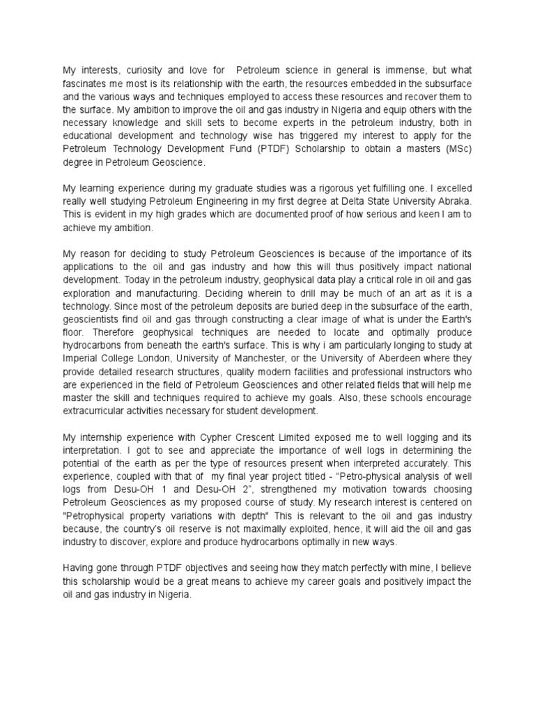 Goodnews Emenike's Personal Statement (PTDF Scholarship) | PDF ...