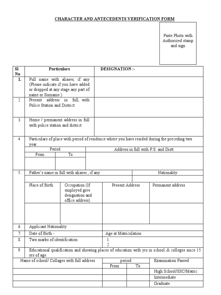 Character and Antecedents Verification Form: Period From To | PDF ...