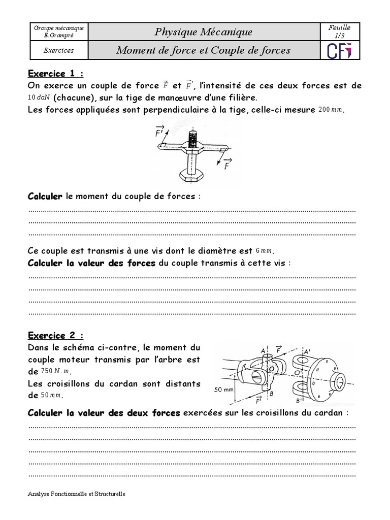 Exercices sur Moments et Couples de Forces | PDF | Ingénierie mécanique ...