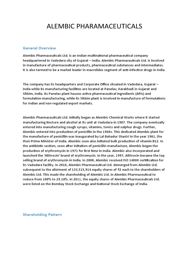 Alembic Pharamaceuticals: General Overview | PDF | Pharmaceutical Industry