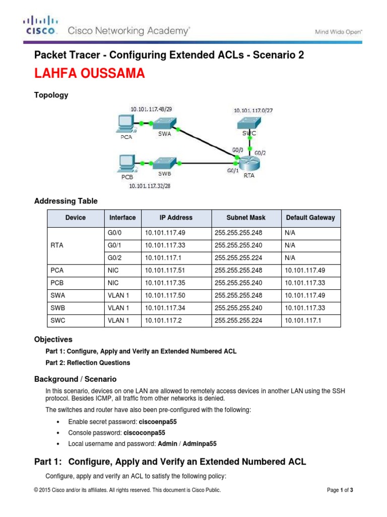 4.1.1.11 Packet Tracer - Configuring Extended ACLs Scenario 2 | PDF | Internet Protocols ...