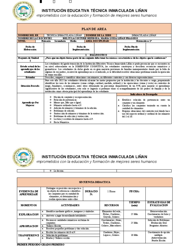 Malla Curricular Matematicas Grado Primero | PDF | Sustracción | Evaluación