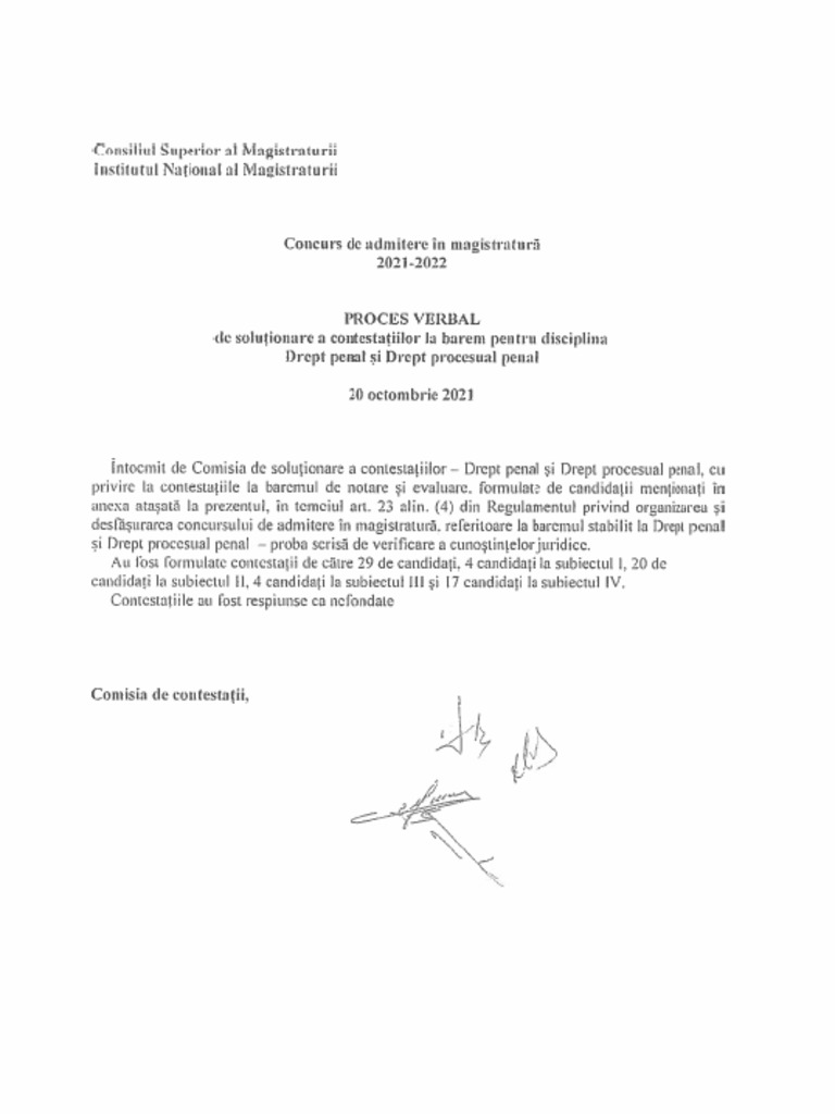 Proces Verbal Solutionare Contestatii Barem La Materiile Drept Penal Si ...