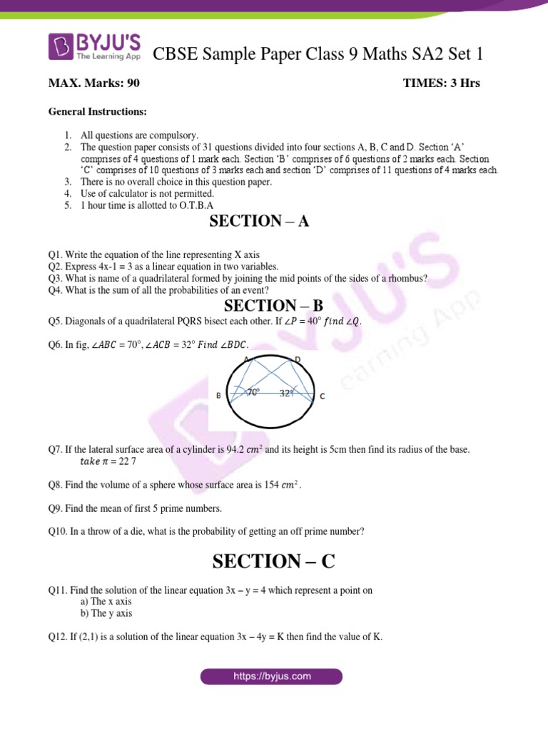 CBSE Class 9 Maths Sample Paper SA2 Set 1 | PDF | Area | Elementary Geometry