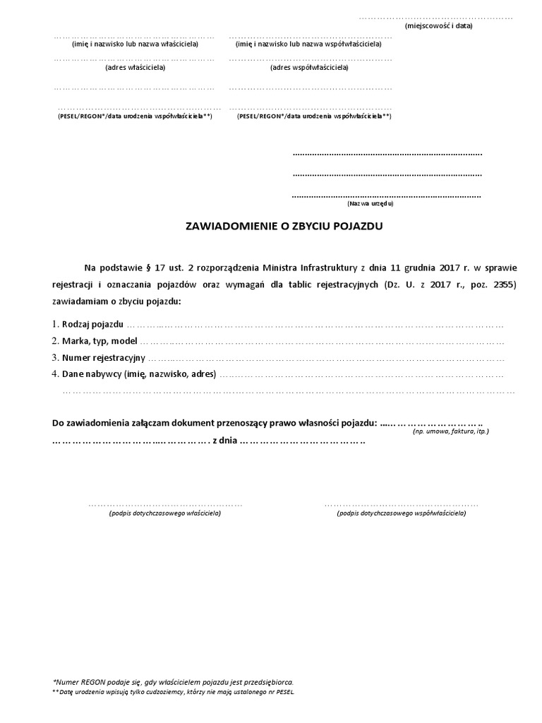 Zawiadomienie o Zbyciu Pojazdu (PDF) - JakiWniosek - PL | PDF