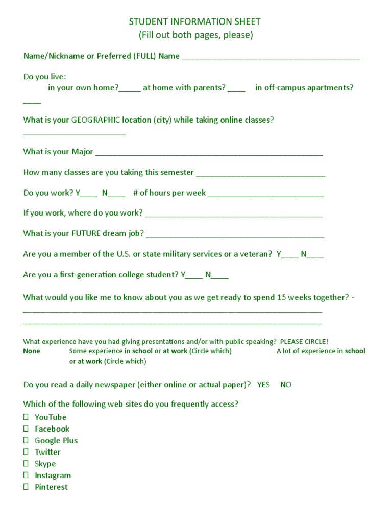 Student Information Sheet Template | PDF | Communication | World Wide Web