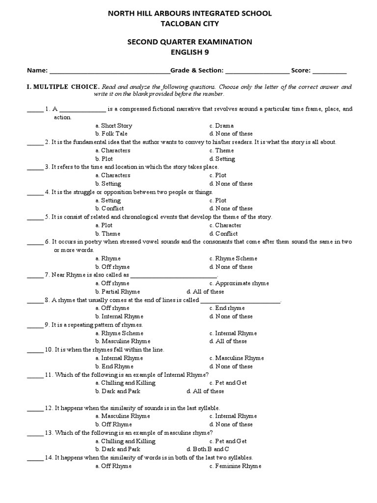 Name: - Grade & Section: - Score | PDF | Syllable | Rhyme