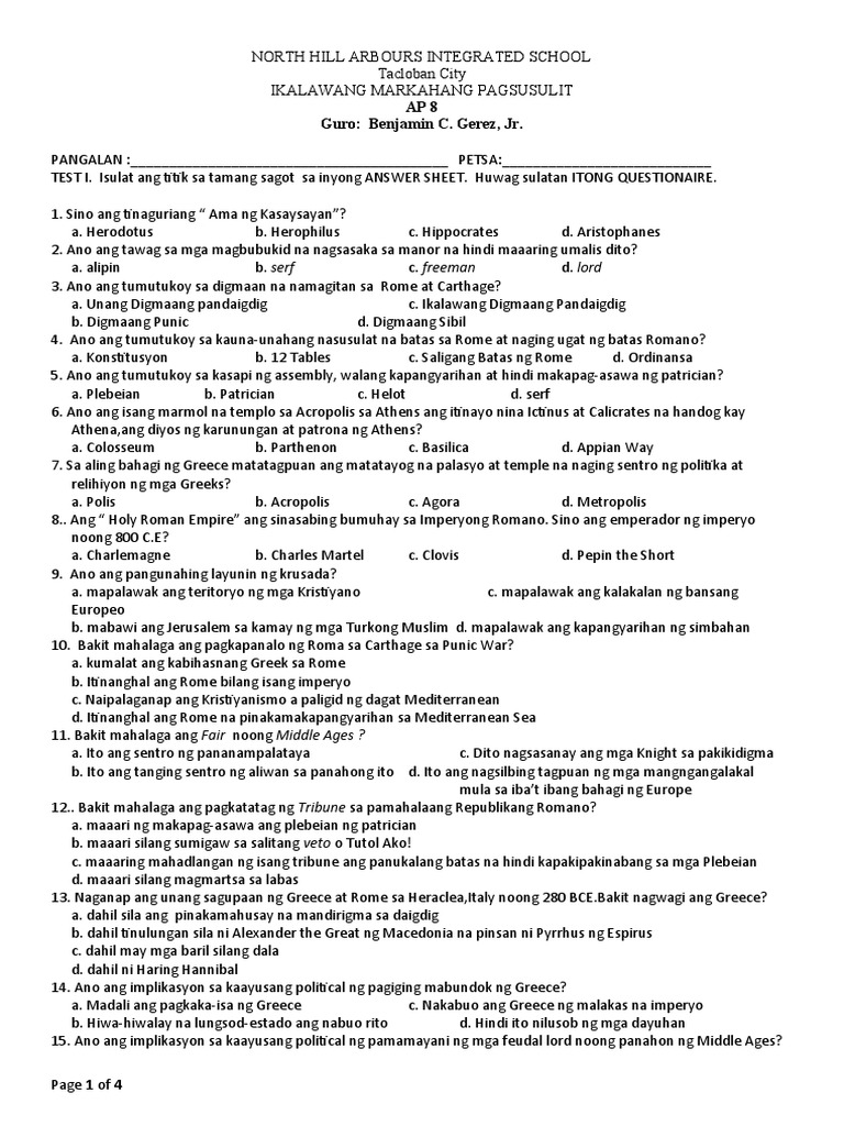 2nd Quarter Test AP 8 Answer Key | PDF