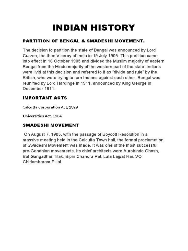 Bengal Partition & Swadeshi Movement | PDF