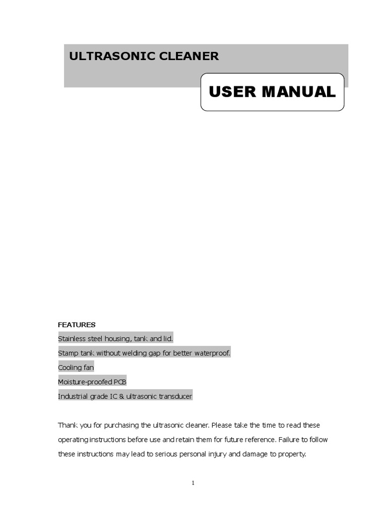 User Manual: Ultrasonic Cleaner | PDF | Electrical Connector | Ultrasound