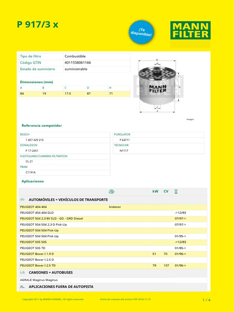 MANN-FILTER - P 917 3 X - NEW - AR - Spa - 2019-05-02 | PDF | Sedanes ...