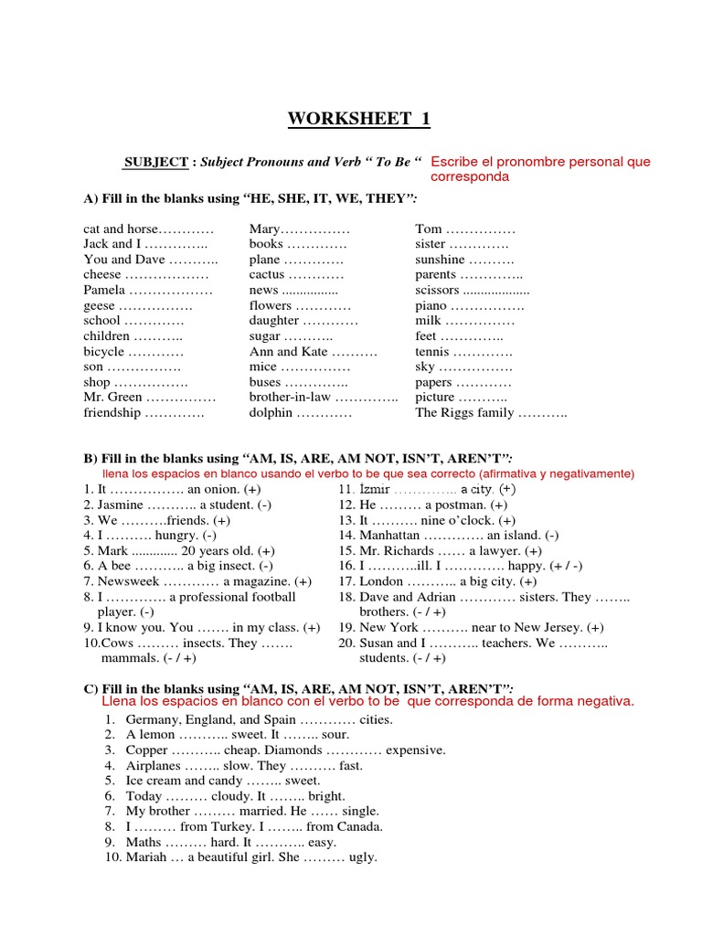 Worksheet 1: SUBJECT: Subject Pronouns and Verb " To Be " | PDF