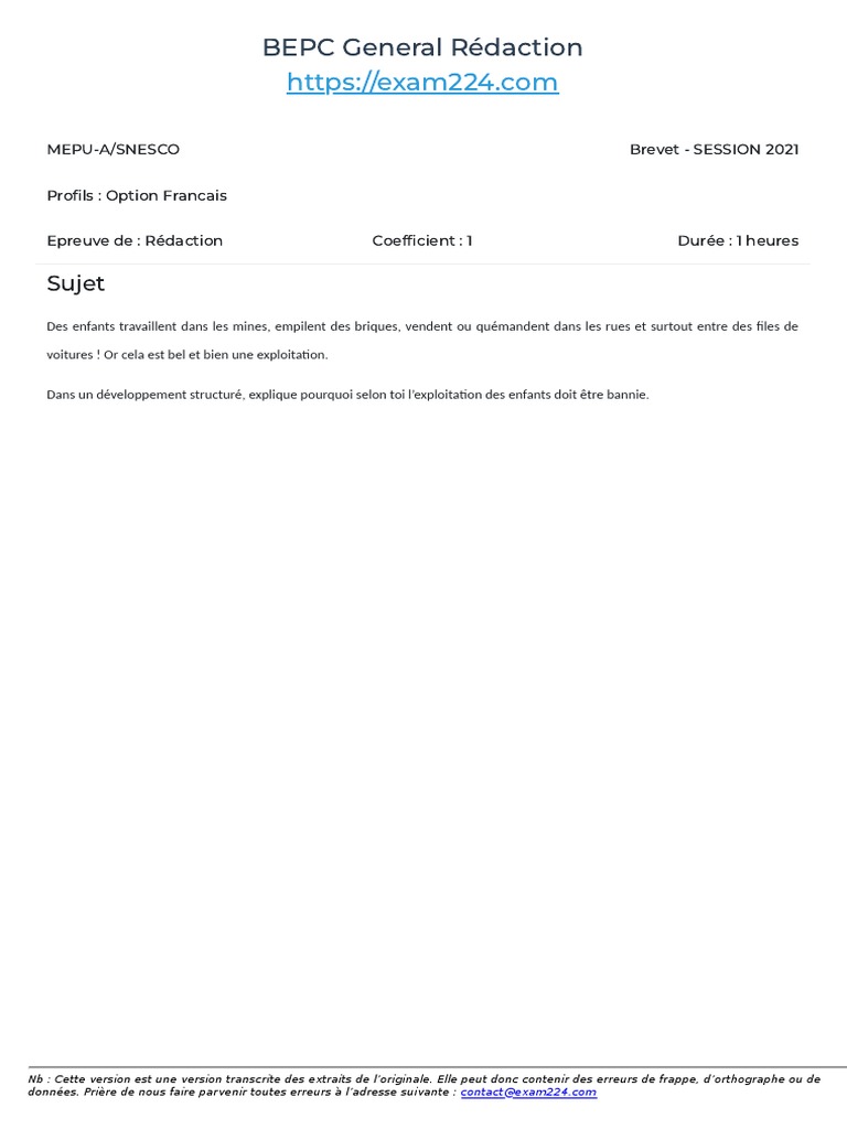 Exam224 Bepc General Redaction 2021 | PDF