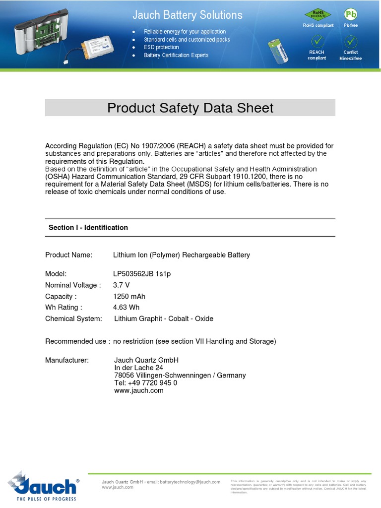 Product Safety Data Sheet: Section I - Identification | Download Free ...