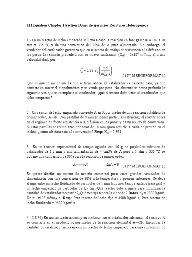 Guía de Ejercicios Reactores Heterogeneos | PDF | Reactor Quimico | Mole (Unidad)
