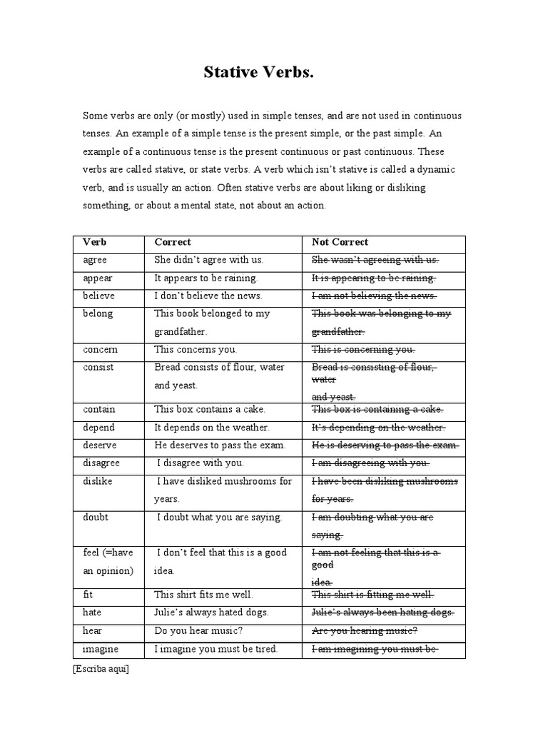 Stative Verbs.: Verb Correct Not Correct | PDF | Verb | Linguistic ...