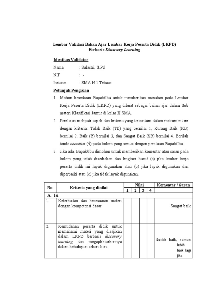 Lembar Validasi Bahan Ajar LKPD | PDF Lembar Validasi Bahan Ajar LKPD | PDF