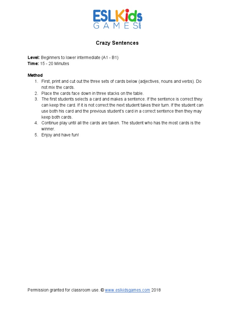 Crazy Sentences: Level: Time: Method | PDF | Classroom | Languages