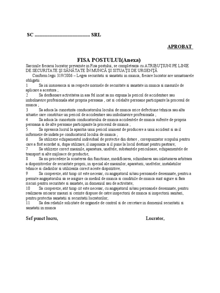 ANEXA Fisa Post Atributii SSM | PDF
