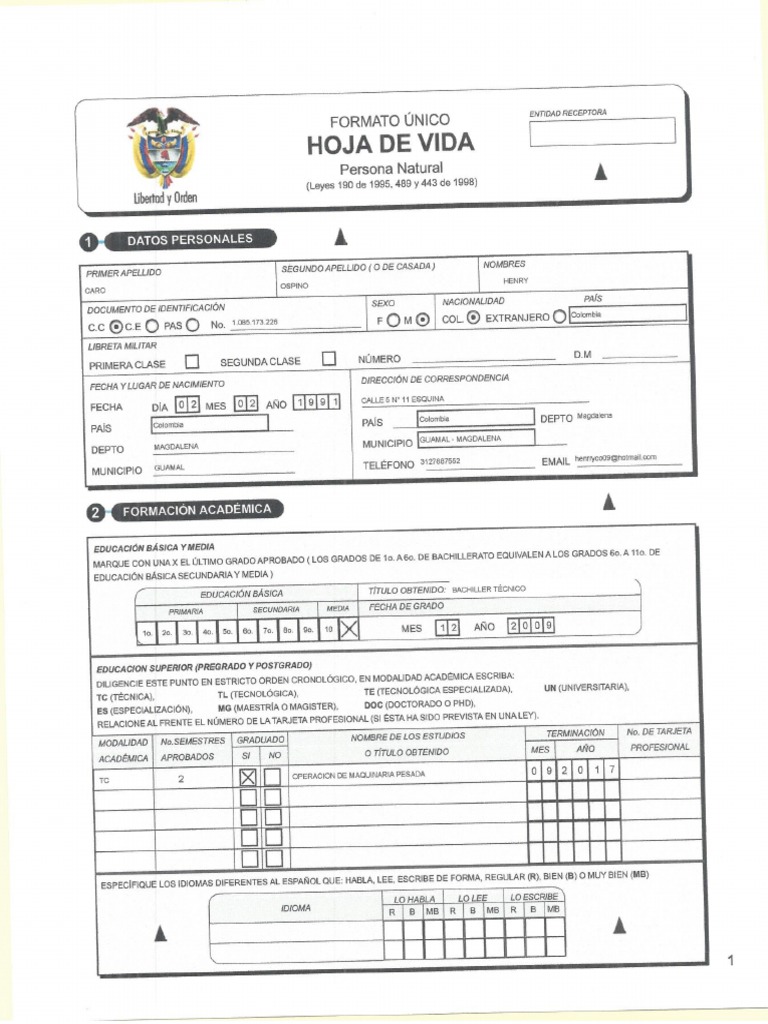 Hoja de Vida Henry Caro | PDF