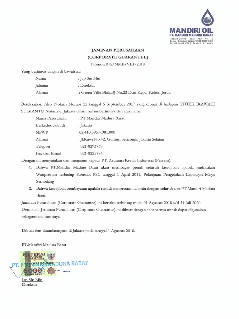Coorporate Guarantee Letter | PDF