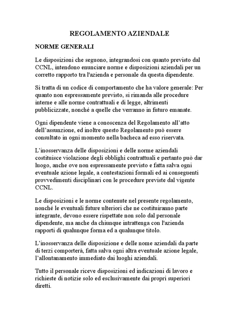 Fac Simile Codice Disciplinare Aziendale | PDF