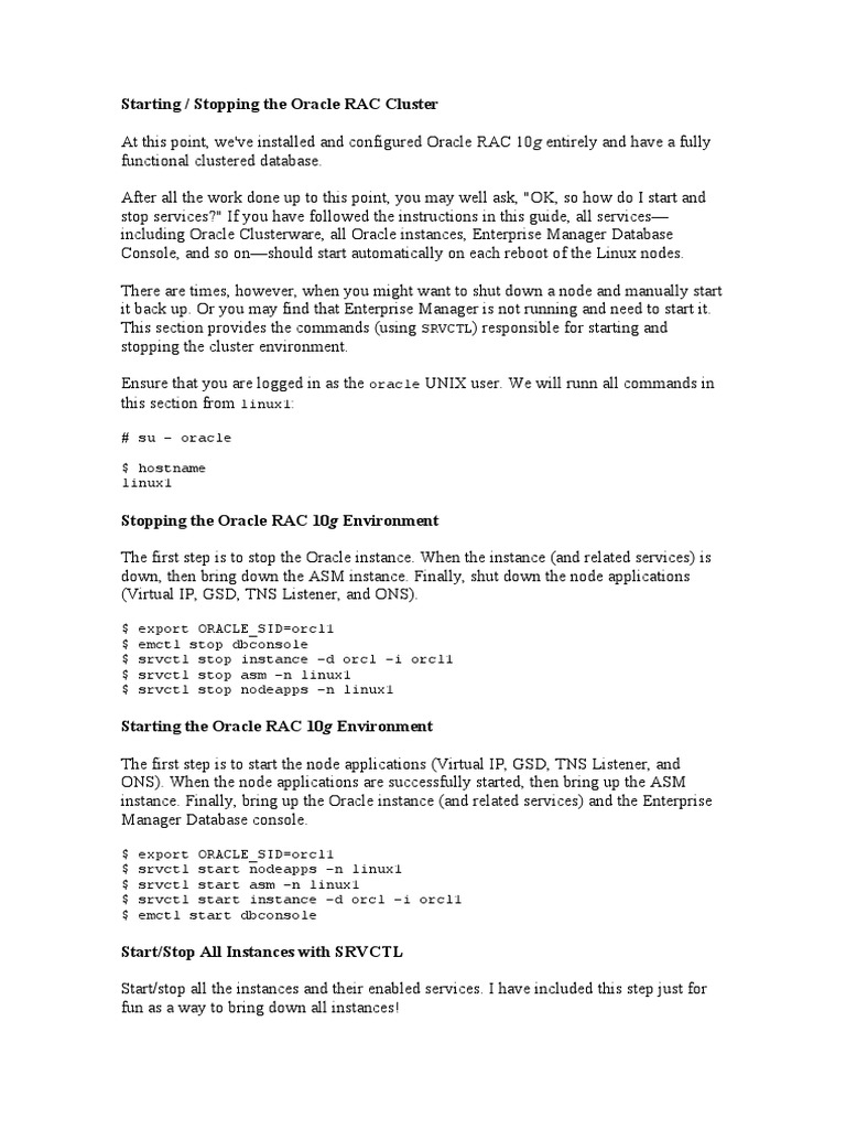 Starting / Stopping The Oracle RAC Cluster | PDF