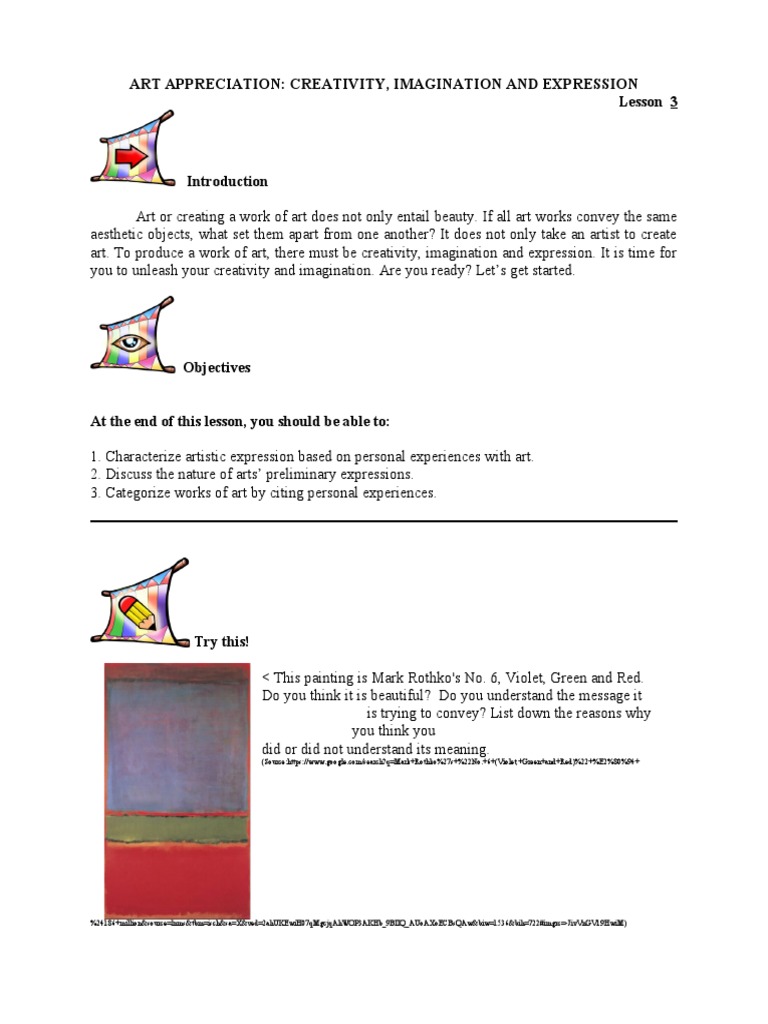 Art Appreciation: Creativity, Imagination and Expression Lesson 3 | PDF ...
