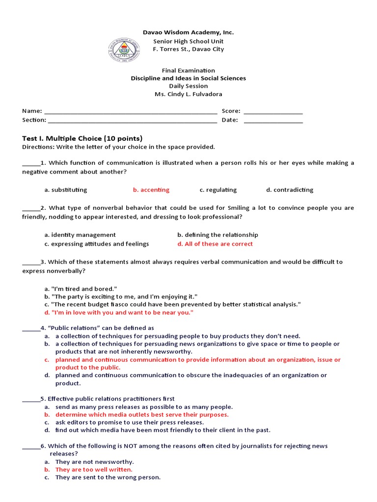 DISS Final Exam - Journalism | PDF | Communication | Nonverbal ...