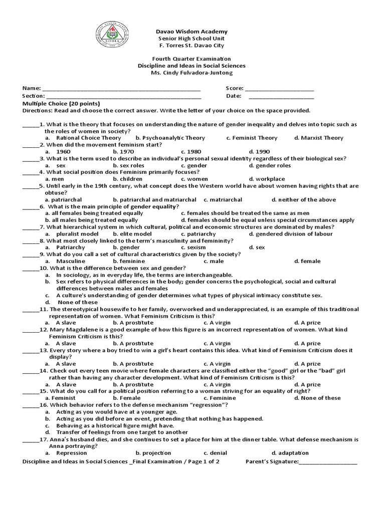 DISS Final Exam - Feminism | Download Free PDF | Gender | Gender Studies