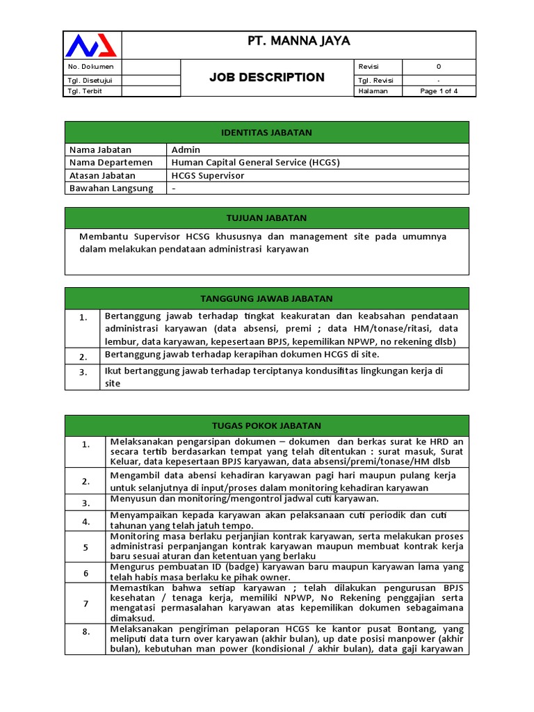 Job Desc Staff Admin HR Di Site | PDF