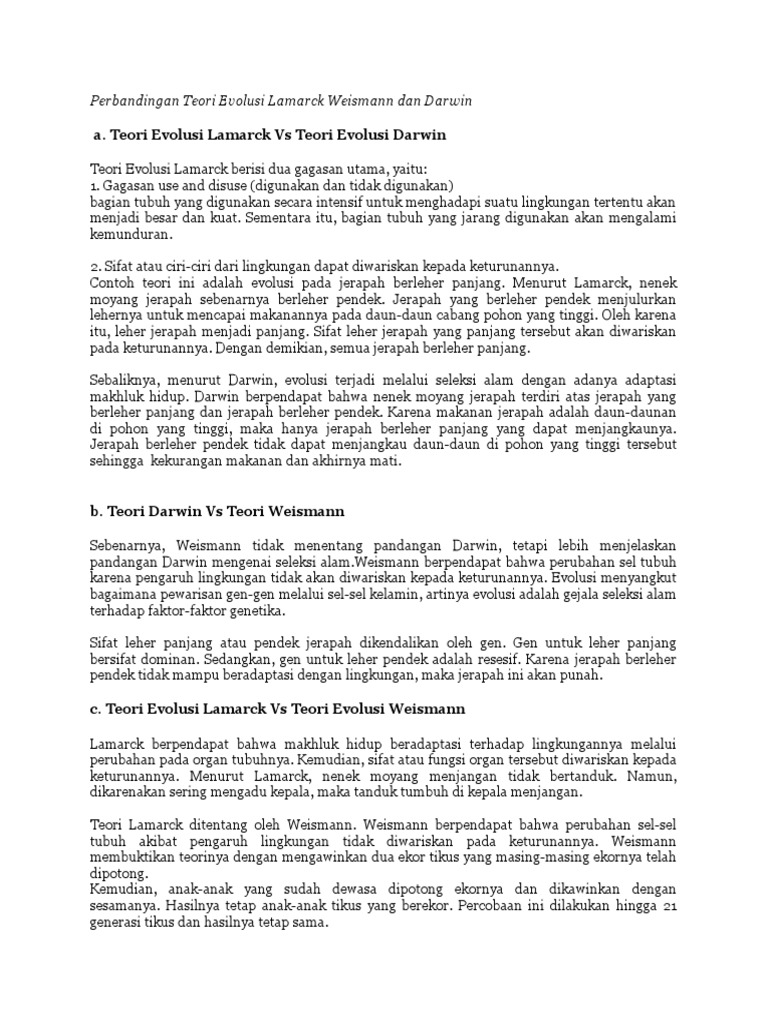 Perbandingan Teori Evolusi Lamarck Weismann Dan Darwin | PDF