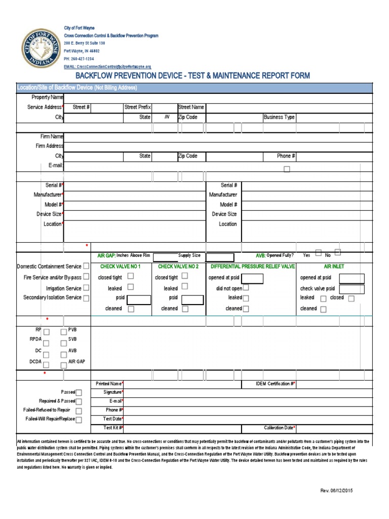 Backflow Prevention Device - Test & Maintenance Report Form: Contracted ...