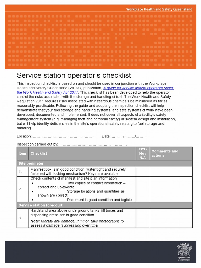 Service Station Operators Checklist | PDF | Occupational Safety And ...