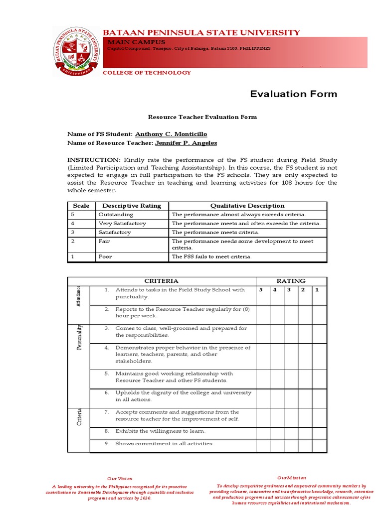 Evaluation Form: Bataan Peninsula State University | PDF | Teachers ...
