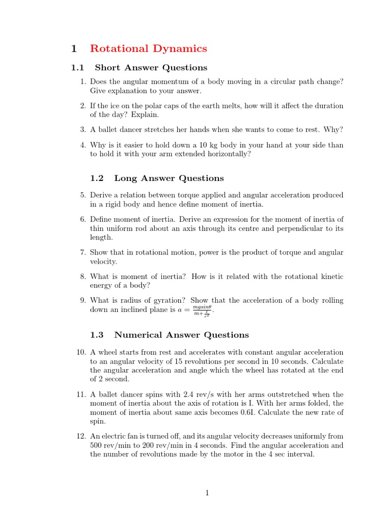 Rotational Dynamics: Analysis of Angular Motion Through Short Answer, Long Answer, and Numerical ...