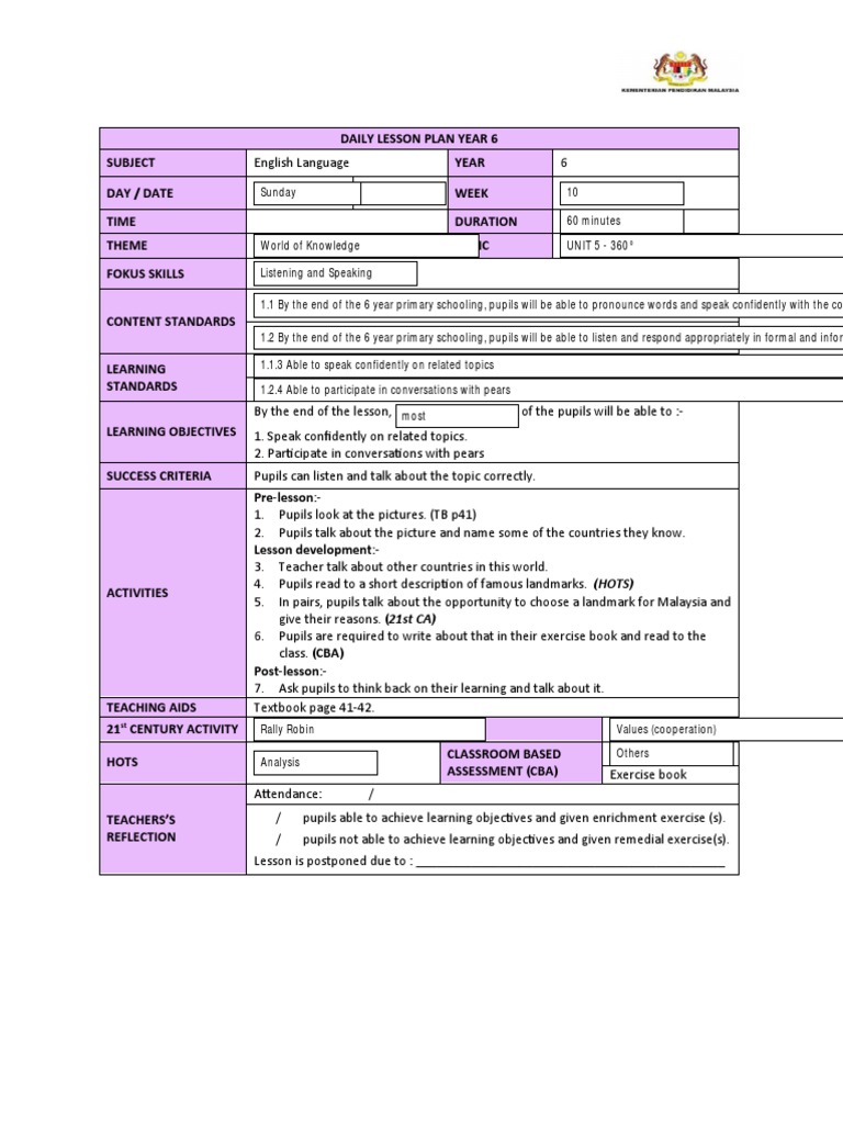 RPH BI YEAR 6-Unit 5 (w10-11) (CE-MAC) | PDF | Lesson Plan | Teachers