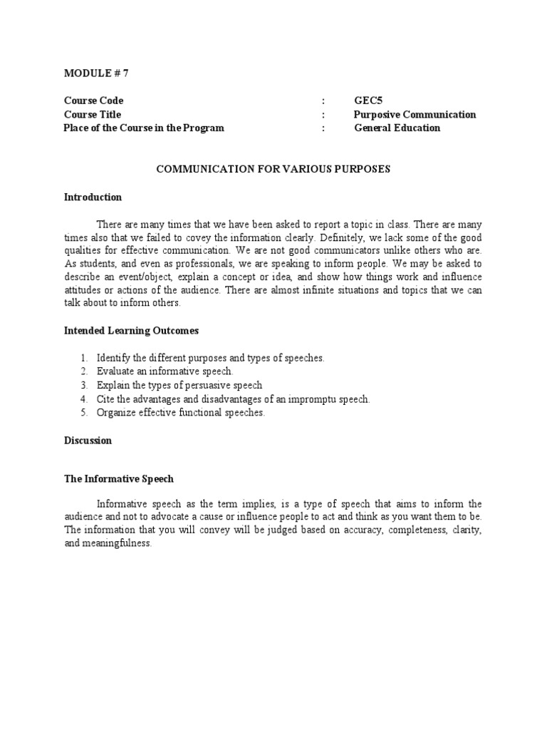 Module # 7 Course Code: Gec5 Course Title: Purposive Communication Place of The Course in The ...