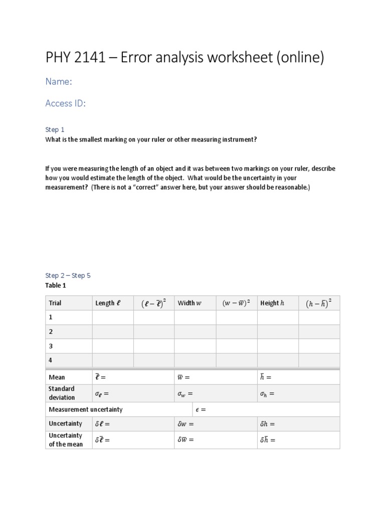 Error Analysis Worksheet (Online) | PDF | Uncertainty | Length